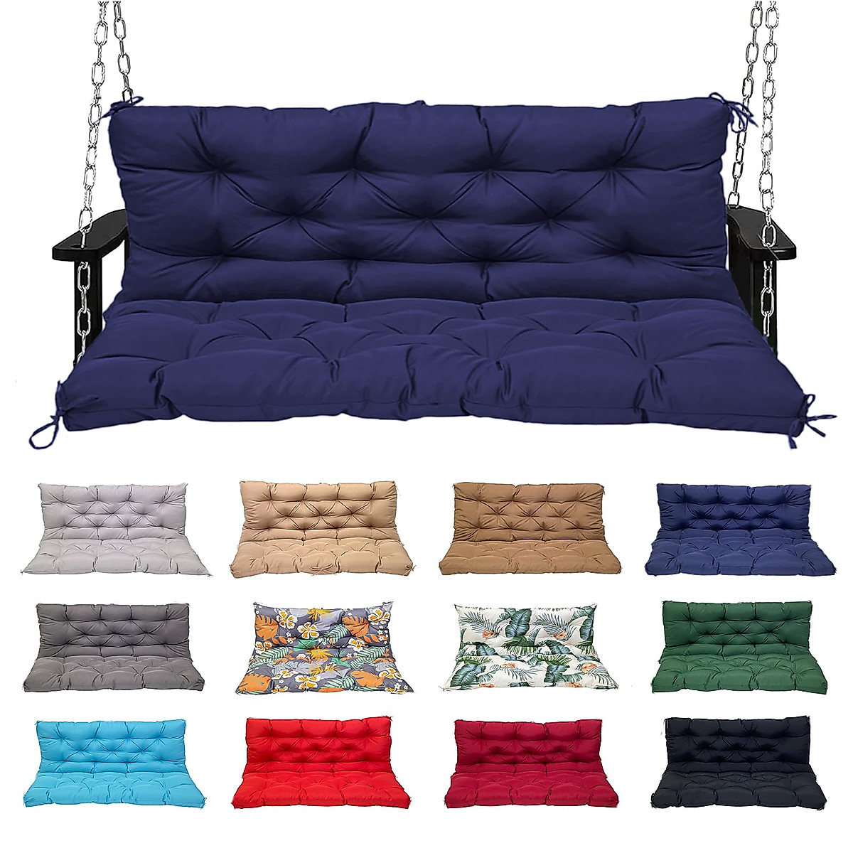Swing Cushions 3 Seater Replacement Waterproof Porch Swing Cushions with Backrest and 8 Ties Thicken 4" Bench Cushion Replacement Patio Swing Cushion for Outdoor Furniture(Navy Blue 60x40in)
