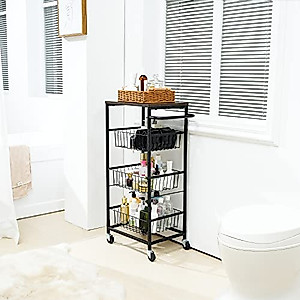 LEGUANG Kitchen Storage Rolling Cart on Wheels, 4 Tier Metal Rolling Utility Carts Microwave Rack with Wooden Tabletop for Kitchen Island, Bathroom, Living Room(Black)