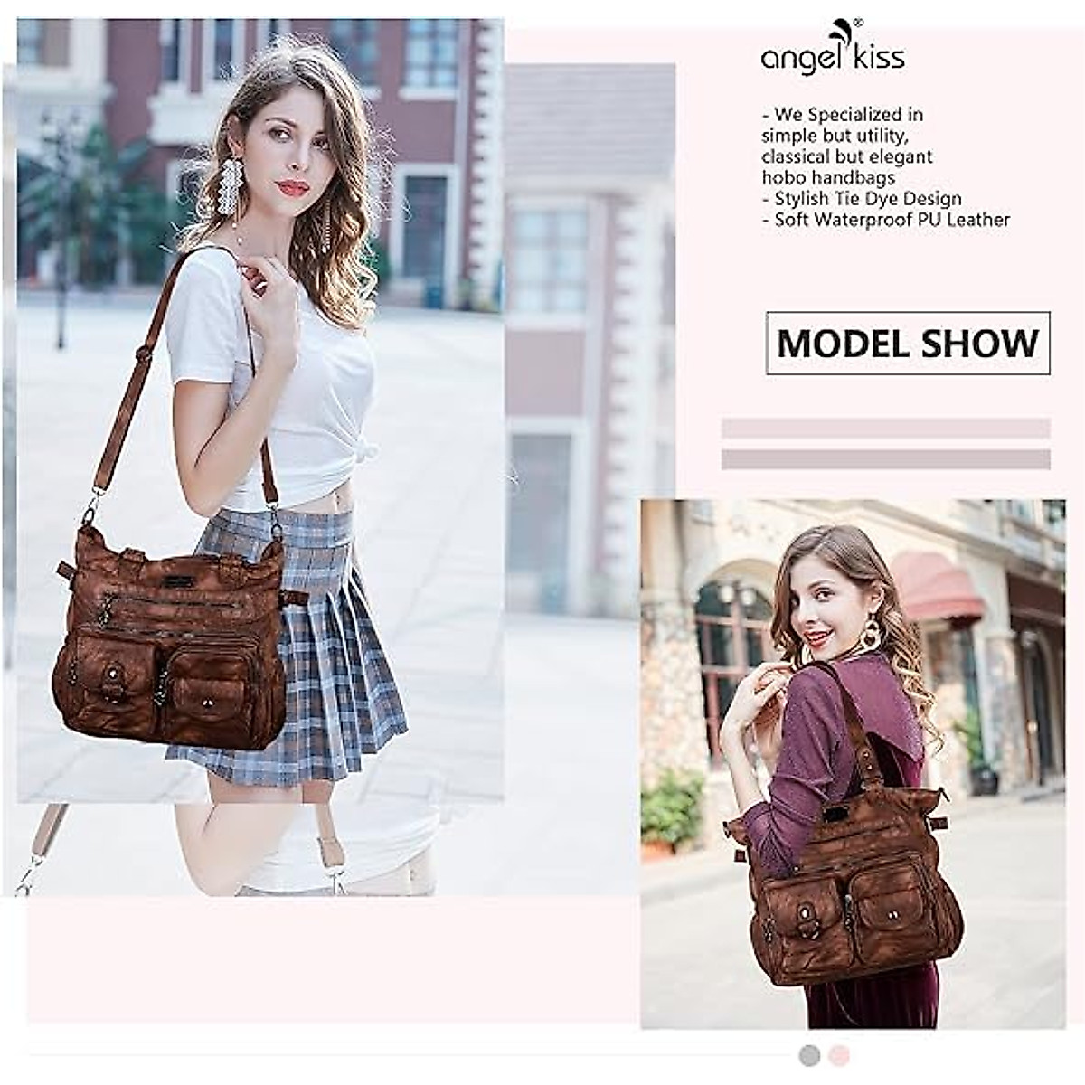 Angelkiss Purses and Handbag for Women Soft PU Leather Shoulder Handbag Hobo Bags Satchel Shoulder Bags Ladies Tote Crossbody Travel Bag BROWN