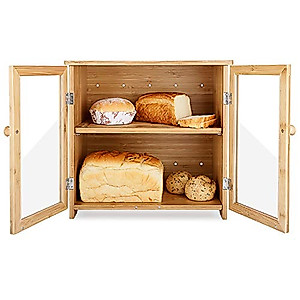 Leopard Bamboo Bread Box for Kitchen Countertop, 2 Layers Bread Boxes with Clear Window for Kitchen Food Storage, Large Bread Storage Bin with Cutting Board - Natural Bamboo