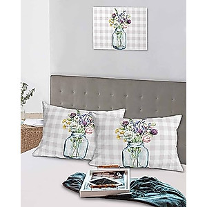 Edwiinsa Spring Floral Pillow Covers King Standard Set of 2 20x36 Bed Pillow, Summer Colorful Flower Beige Plaid Plush Soft Comfort for Hair/Skin Cooling Pillowcases with Envelop Closure