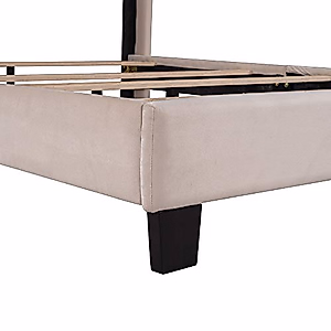 HBRR Queen Size Bed Frame with Velvet Upholstered Headboard, Low Profile Platform Bed with Wood Slats, Fully Upholstered Mattress Foundation, Noise-Free, Easy Assembly, Beige