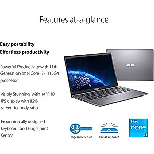 ASUS VivoBook Thin and Light Laptop 2022 | 14" FHD IPS Intel Core i3-1115G4 | 8GB DDR4 256GB NVMe SSD | Slate Grey HDMI USB-C Backlit Keyboard with FP Reader | Windows 11 Pro w/TLG 32GB USB