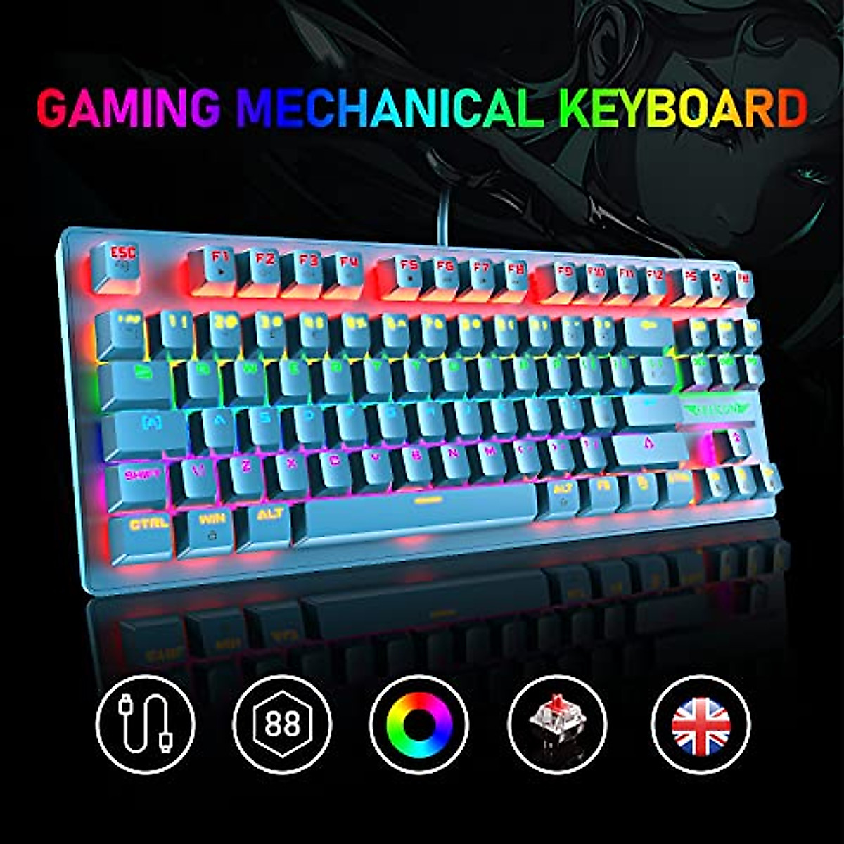 MANBASNAKE K2 Mechanical Gaming Keyboard RGB LED Rainbow Backlit Wired Keyboard with Red Switches for Windows Mac Xbox Gamer(Blue)