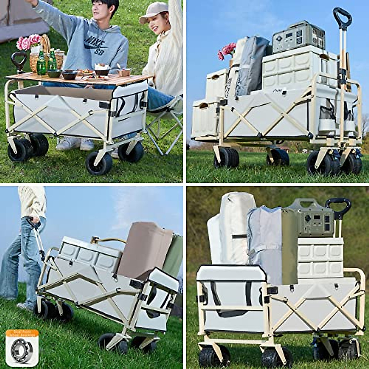 Back Open Folding Garden Utility Wagon With Table, Collapsible Outdoor Small Grocery Carts, 551Lbs Weight Capacity For Shopping & Storage, With 360 Degree Swivel Wheel,White