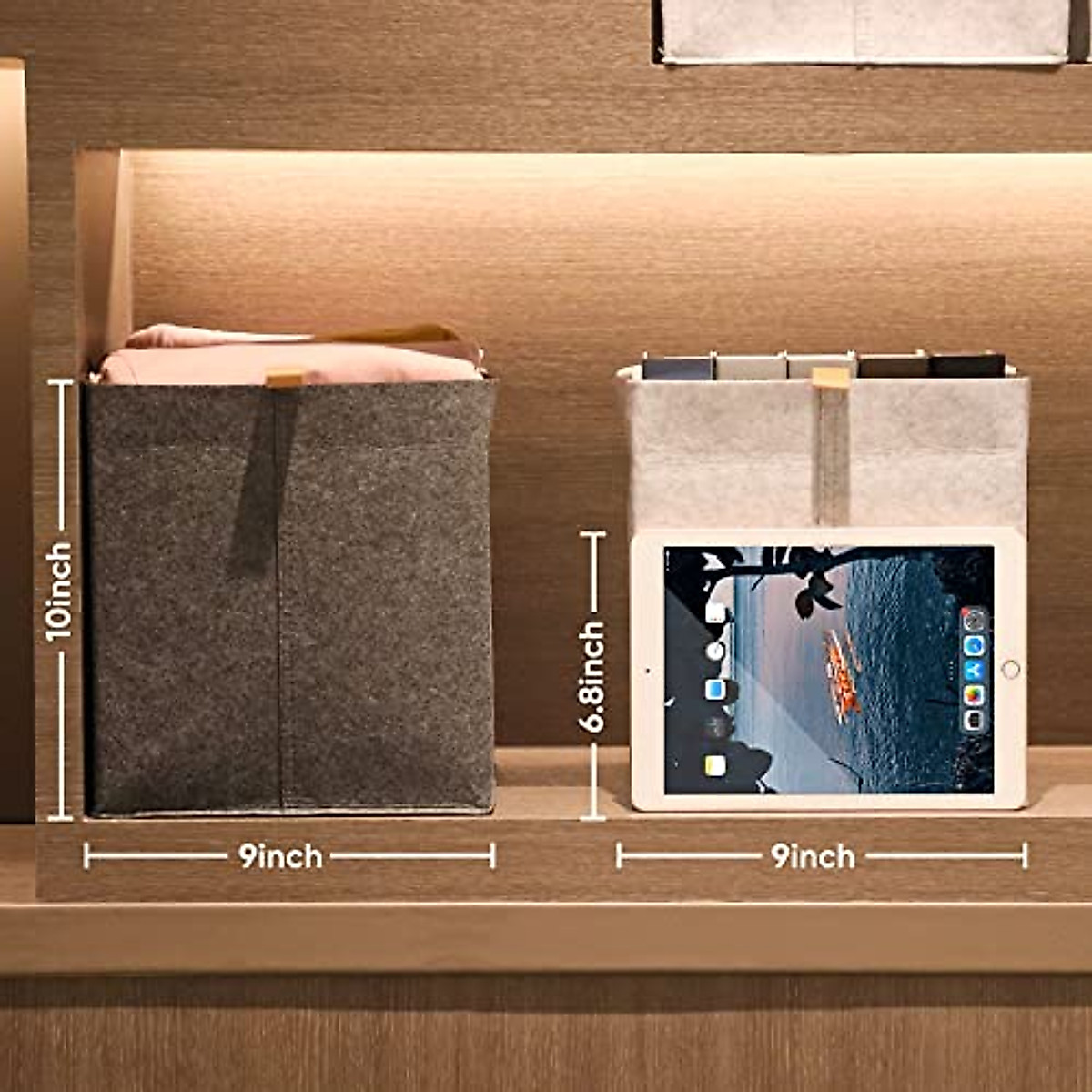 MILILOVE 3Pcs Felt Storage Basket 9x9x10 Cube, Fabric Cloth Storage Bin, Collapsible Organizer with Handle for Cloth Toys Fordable Bin for Bedroom Playroom Office (3)