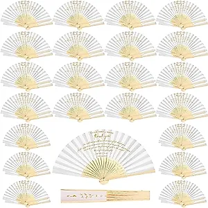 Unittype 100 Pcs Wedding Folding Fans for Guests Bamboo Folded Hand Fan Thank You Fan for Wedding Favors Vintage Silk Handheld Fans for Bridal Shower Decorations(White, Simple Style)