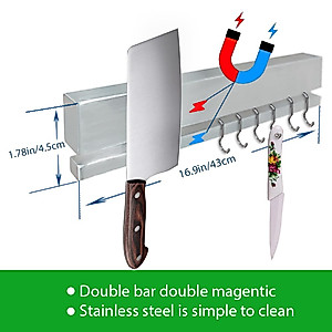 YIIYIIN 17" Premium 304 Stainless Steel Double-Sided Magnetic Knife Holder for Wall or Fridge -with Adhesive Strip, No Drill - 12 Hooks Included for Kitchen Utensils