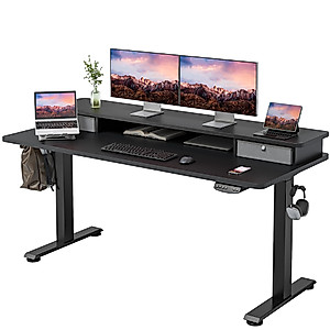 CubiCubi Electric Standing Desk with Double Drawers, 55x24 Inch Height Adjustable Sit Stand Desk with Storage Shelf, Home Office Computer Workstation, Black