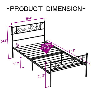 Weehom Metal Twin Bed Platform Frame Heavy Duty Steel Slat Under Bed Storage Bed Frame with Headboard, Black