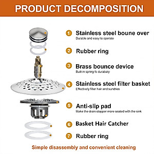 Haftaby Universal Bathtub Stopper with Drain Hair Catcher/Upgraded Bathroom Shower Drain Hair Trap/Pop-Up Drain Filter for 1.3-1.6 Inch