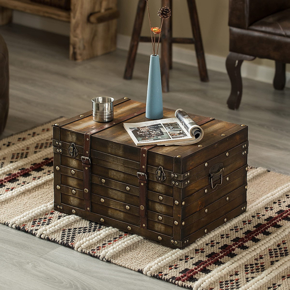 Vintiquewise Wooden Brown Storage Trunk with Faux Leather Straps and Handles, Large