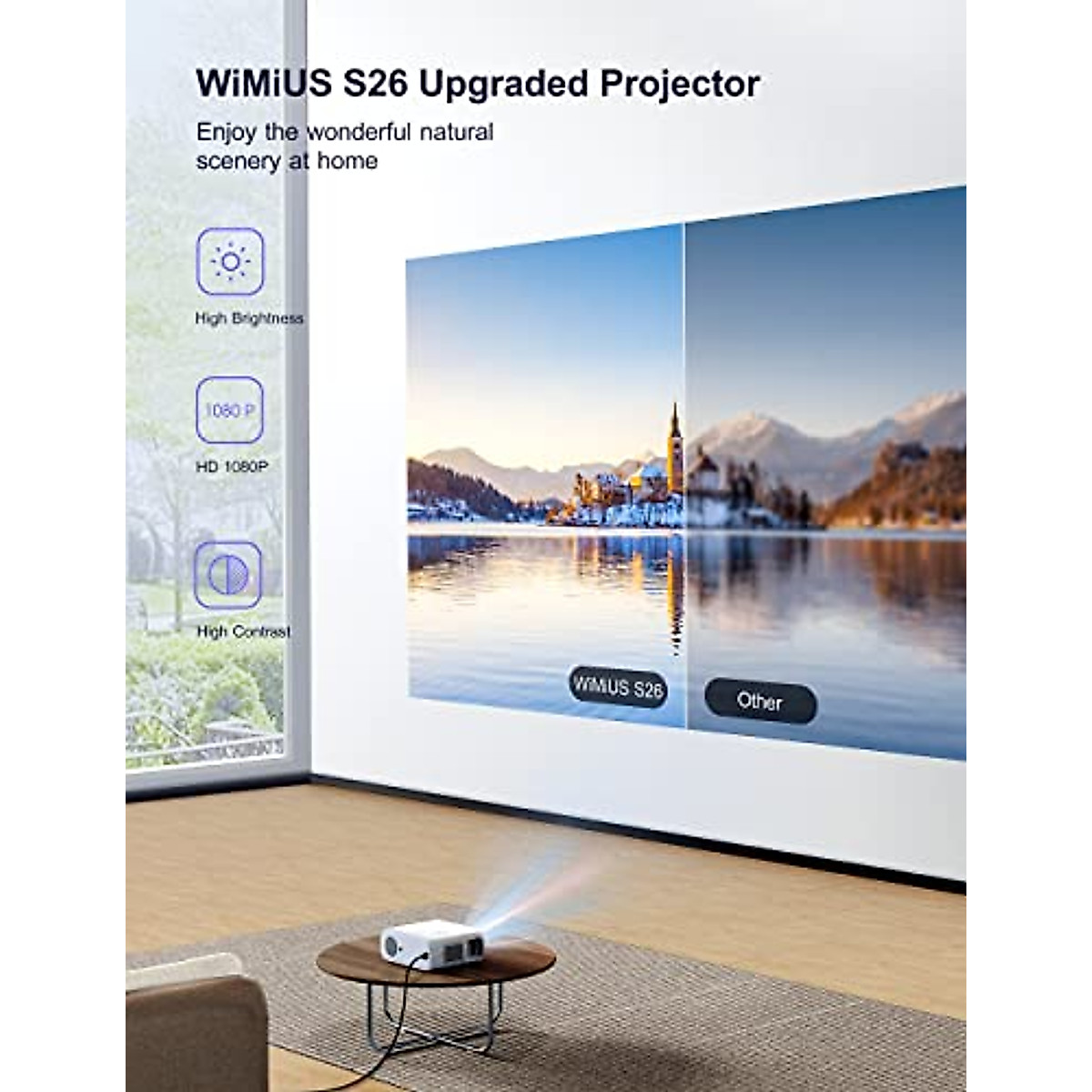 Projector with WiFi and Bluetooth, Native 1080P Projector 4K Supported 480 ANSI WiMiUS S26 Outdoor Movie Projector 4K/4D Keystone 300'' & 50% Zoom, Mini Portable Projector for Phone/PC/TV Stick/PS5