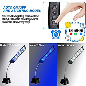 MingDak Fish Tank Clip on Light with Inline Timer, Clamp Aquarium Light with White & Blue LEDs, 3 Lighting Modes, Dimmable, 7W, 18 LEDs
