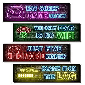 4 Pcs Printed Neon Gaming Posters, Boys Room Decorations for Bedroom, gamer wall art,Gamer, Teen boy bedroom,Neon Gaming Decor for Boys Room Wooden