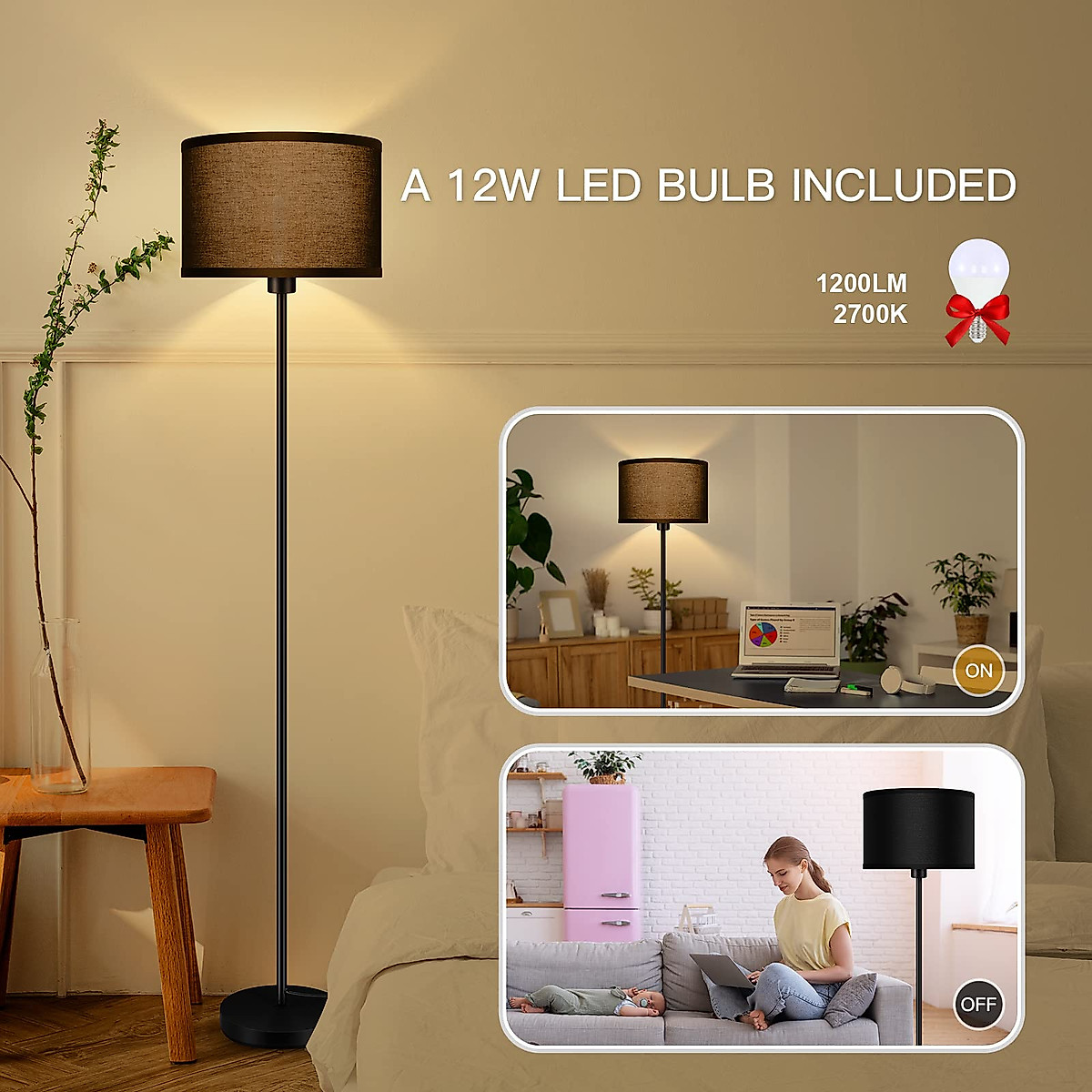 Floor Lamps for Living Room, Modern Standing Lamp with Bulb(12W, 2700K), Black Lamp Shades, Foot Switch, Simple Pole Lamps Corner Lamp for Bedroom,Office, Living Room, Den, Bright Reading Floor Lamp