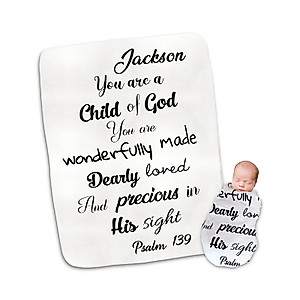 Personalized Cotton Swaddle Baby Blankets with Name – ‘Child of God’ Quote Blanket for Baptism, Christening, Godson, Goddaughter, Boy or Girl, Baby Shower – Super Soft, Breathable