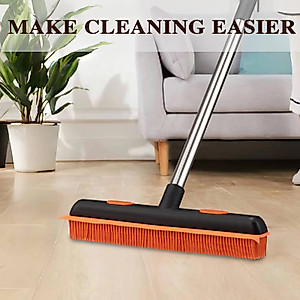 2 in 1 Rubber Broom with 33-64" Long Handle，Fur Remover Broom with 33-64" Long Handle, Pet Hair Broom with Squeegee for Carpet, Hardwood Floor, Tile- Black Orange