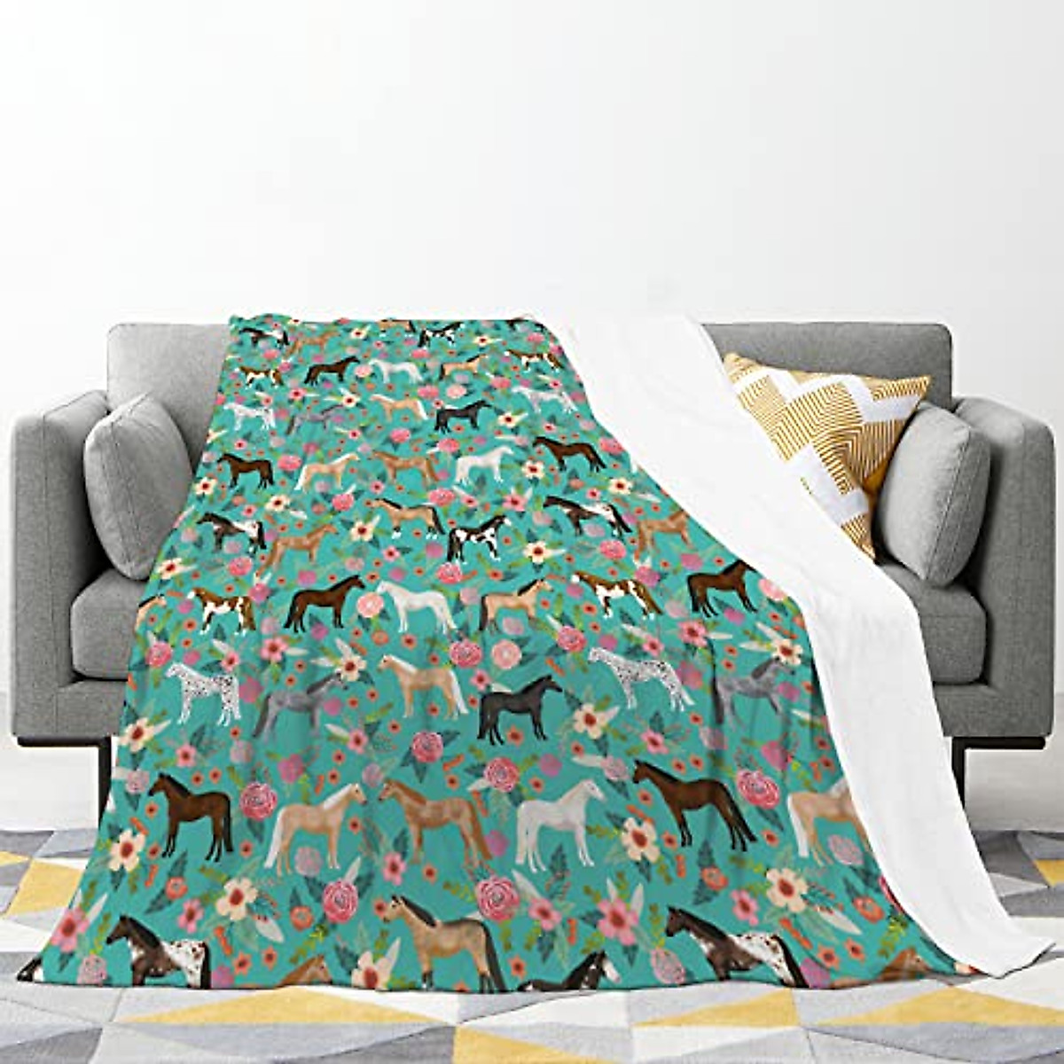 Flannel Fleece Plush Throw Blanket,Horses Floral Horse Breeds Farm Animal Pets Flowers Pattern Throw for Recliner, Air Conditioning Blanket 50x40 inch