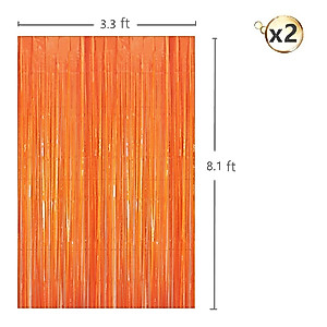 Orange Foil Fringe Curtain Tinsel Party Backdrop for Halloween Party Decorations Fall Thanksgiving Decorations Birthday Wedding Engagement Bridal Baby Shower Bachelorette Photo Booth Props - 2 Packs