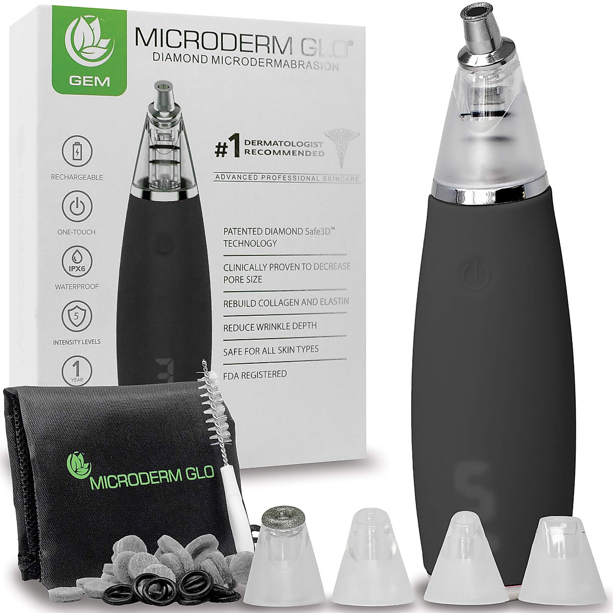 Microderm GLO GEM Diamond Microdermabrasion and Suction Tool - Best Pore Vacuum for Skin Toning - #1 Advanced Facial Treatment Machine - Promotes Collagen Production for Tone, Bright & Clear Skin