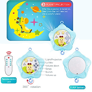 caterbee Baby Crib Mobile for Pack and Play, Crib Toys with Light and Musicial, Remote,Projector for Ages 0+ Months (Pink-Forest)