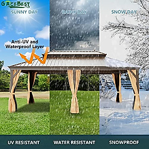 GAZEBEST 14' X 20' Hardtop Gazebo Outdoor Aluminum Patio Gazebo Double Roof Galvanized Steel Gazebo Canopy Wooden Finish Coated with Netting and Curtains,for Garden Patio,Patio Backyard,Deck and Lawns
