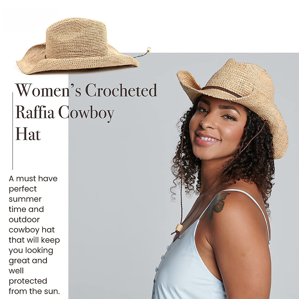 San Diego Hat Company Women's Crocheted Raffia Cowboy Hat,Natural,One Size