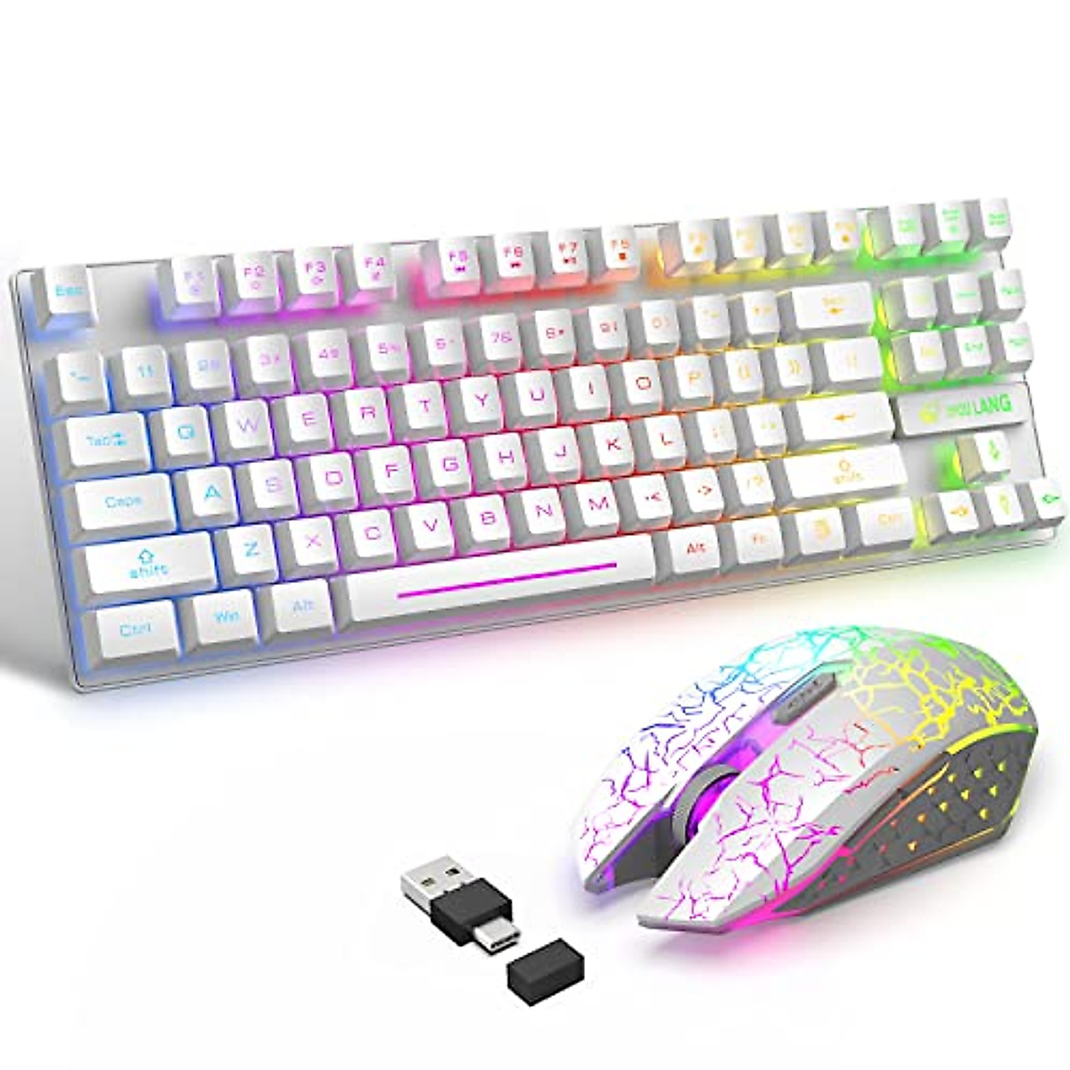 Wireless Gaming Keyboard and Mouse Combo,Rainbow Backlit 87 Keys Membrane Keyboard,2.4GHz Rechargeable 4000mAh Keyboard Mouse, Dual-Head USB&Type C Receiver for PC/Smart Phone/Laptop/Tablet/PS4(White)