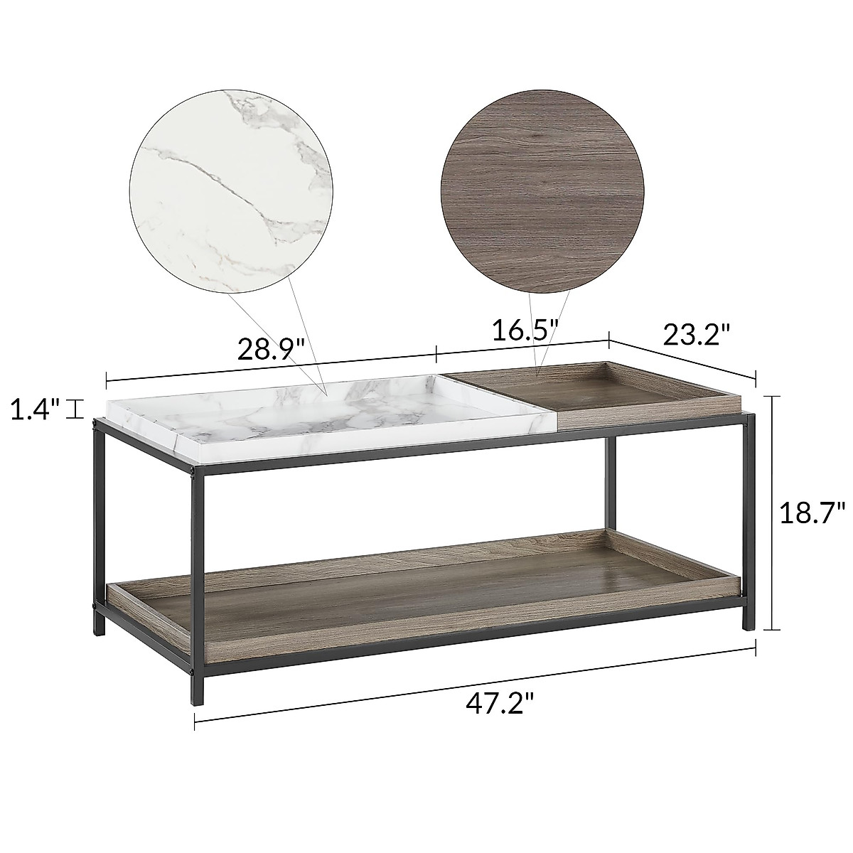 ODIKA Convertible Entertaining Coffee Table - Faux Marble Coffee Table with 2 Removable Trays, 47 Living Room Table, Modern Coffee Table for Living Room, Coffee Table with Storage Furniture, Walnut