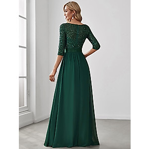 Ever-Pretty Women's Elegant A Line Crew Neck Half Sleeve Sequin Maxi Evening Dress Dark Green US14