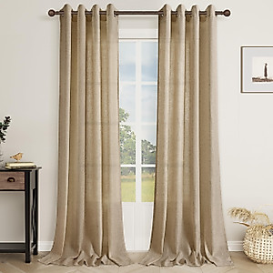 Tan Brown 102 Inch Linen Curtains 2 Panels Set Grommet Light Filter Burlap Linen Drapes Boho Farmhouse Semi Sheer Window Curtain 102 Inches Length for Hallway Nursery Living Room Sliding Patio Door