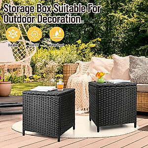 DoubleFill 2 Pcs Wicker Side Table with Storage PE Rattan Wicker Ottoman Small Patio Outdoor Storage Box 11.8 Gallon Square Outdoor Foot Stool Footrest Footstool for Porch, 15.75 x 15.75 x 17.72