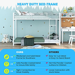 GOFLAME Twin Over Twin Bunk Bed, Metal Frame Loft Bunk Bed with Ladder and Guard Rail, Heavy-Duty Slatted Floor Bunk Bed Frame for Kids, Teens, No Box Spring Needed (White)