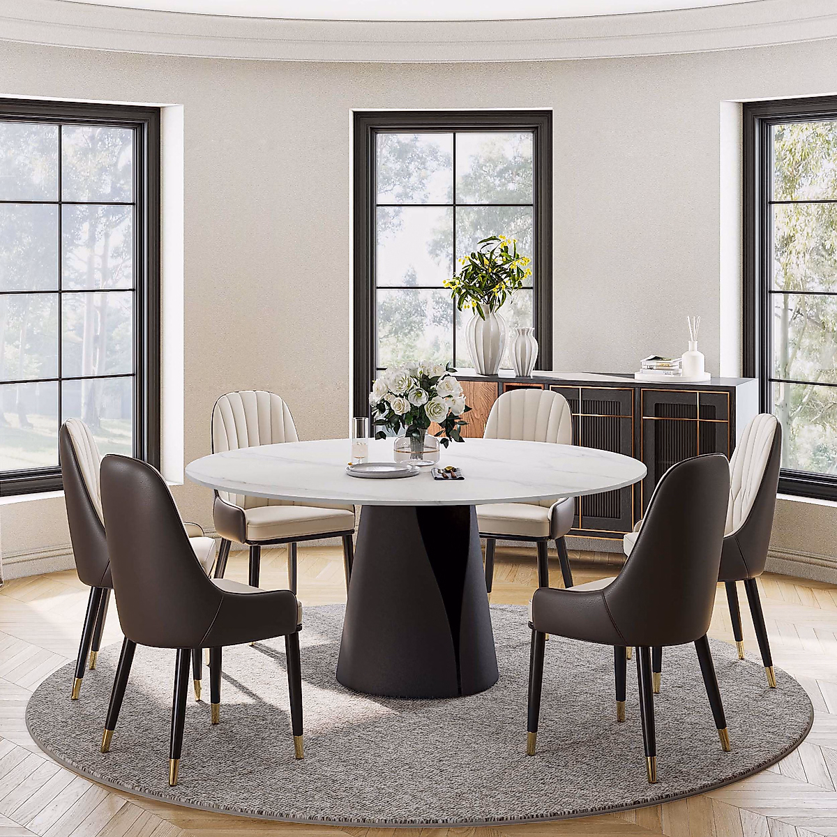 POVISON Round Dining Table for 4-6, Modern Dining Table Round 51" Matte Sintered Stone Tabletop with Solid Black Carbon Steel Pedestal, Circle Dining Table for Dining Room (Dining Table Only)