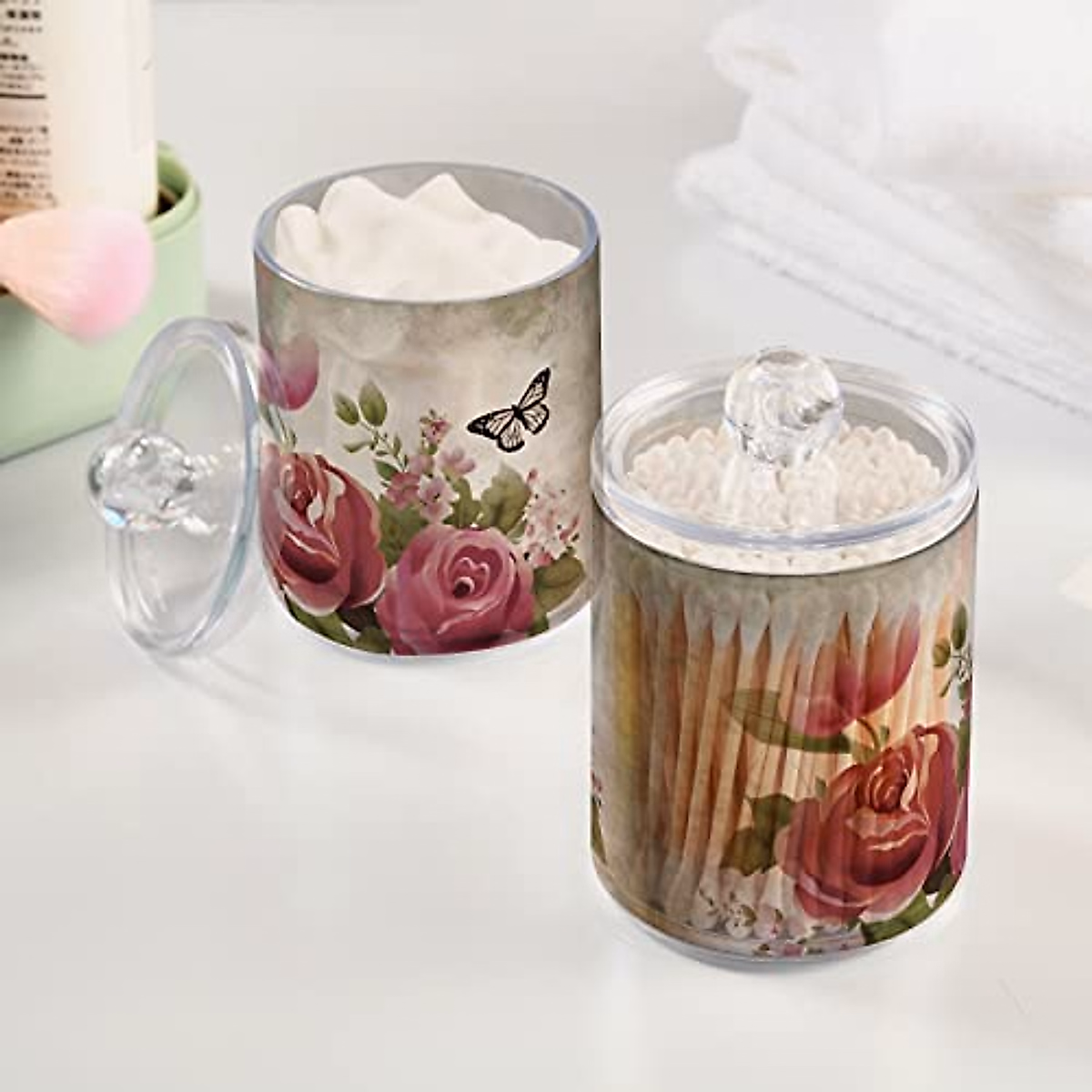 ALAZA 2pcs Vintage Rose Flower Butterfly Qtip Holder Dispenser 14 oz Bathroom Storage Clear Apothecary Jars Containers Cotton Ball,Cotton Rounds,Floss Picks, Hair Clips, Food