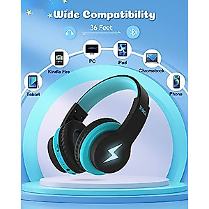 Kids Bluetooth Headphones, Colorful Wireless Over Ear Headset with 85dB/94dB Volume Limited, 45H Playtime, 3 Lighting Modes, Built-in Mic Headphones for Boys Girls iPad Tablet School Airplane Blue