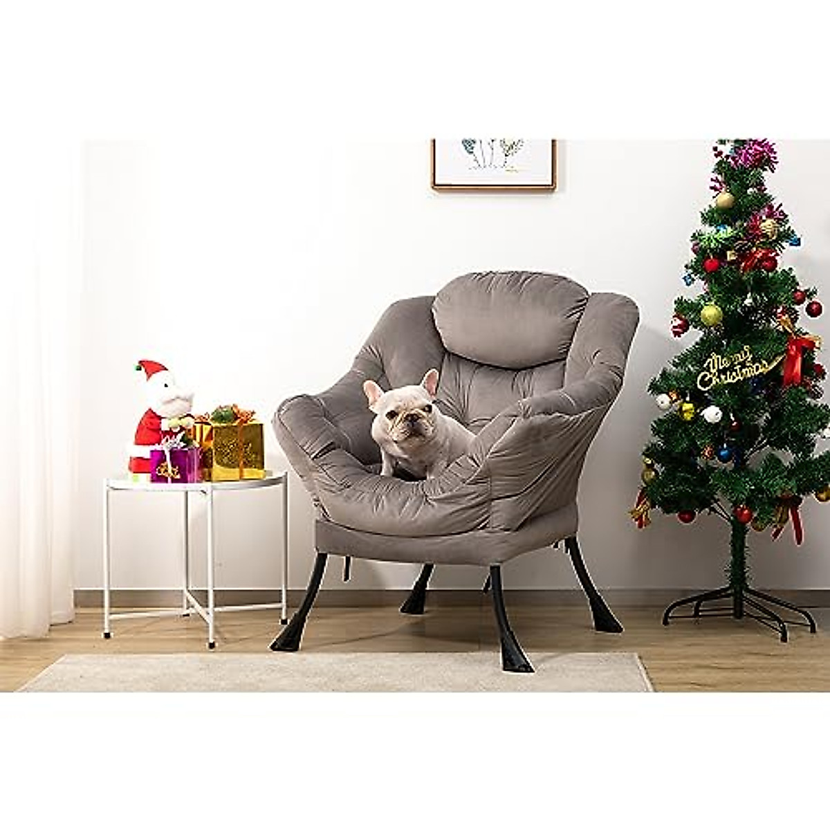 AcozyHom Modern Large Cotton Fabric Lazy Chair，Accent Contemporary Lounge Chair, Single Steel Frame Leisure Sofa Chair with Armrests and A Side Pocket, Smoky Grey