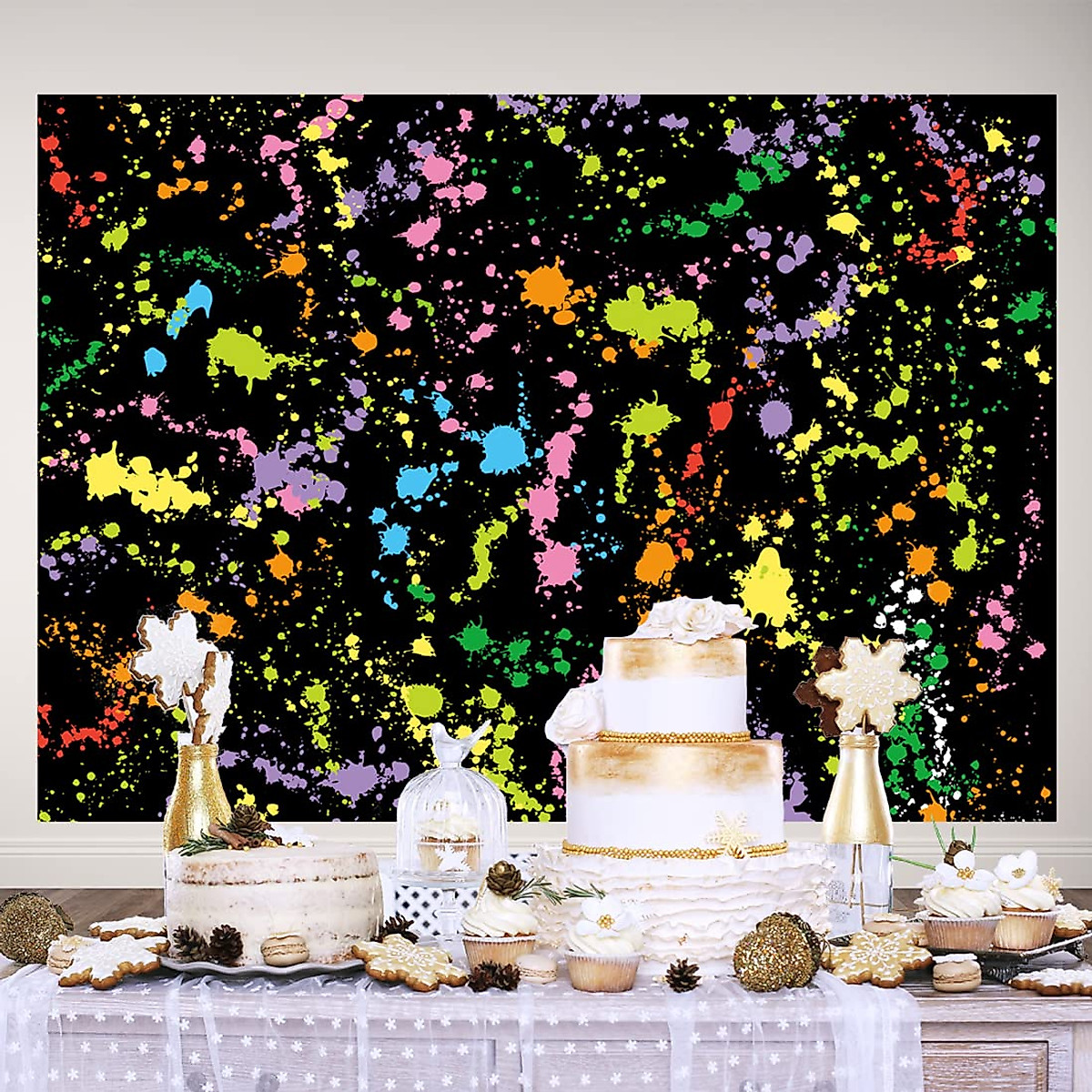 Colorful Paint Splash Backdrop Abstract Graffiti Style Photography Background Neon Glow Splatter Hip Hop Disco Retro 80's 90's Happy Birthday Glow Party Art Vinyl 7x5ft Banner Photo Studio Props