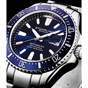 Stuhrling Original Men's Watches Pro Dive Watch Sports Watch with 42 MM Case Blue Dial Stainless Steel Silver Bracelet Diving Watch for Men (Blue)