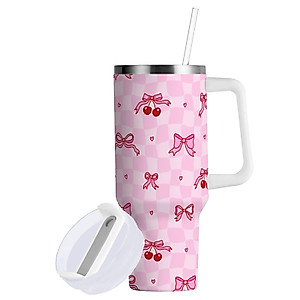 Bseiialft 40 oz Tumbler with Handle Pink Bow Cherry Heart Check Water Bottle with Lid and Straw Vacuum Insulated Cup Stainless Steel Travel Coffee Mug for Home Office Car