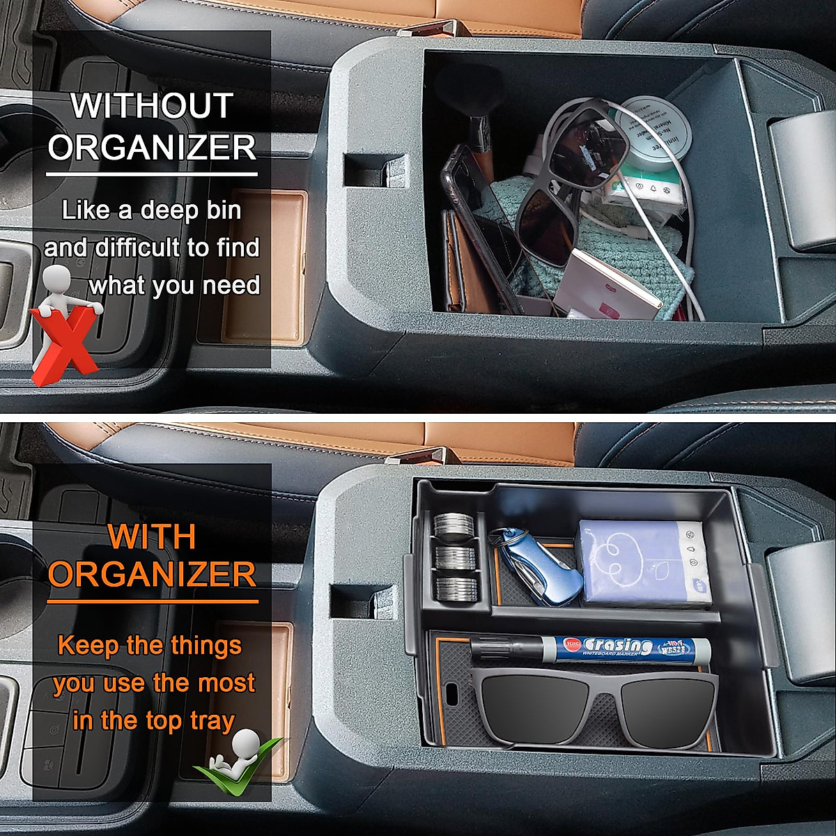 TOPINSTALL Orange Organizer Compatible with 2022 2023 2024 Maverick Accessories, XL XLT Lariat Pickup Truck Center Console Storage Box Box Coin Container