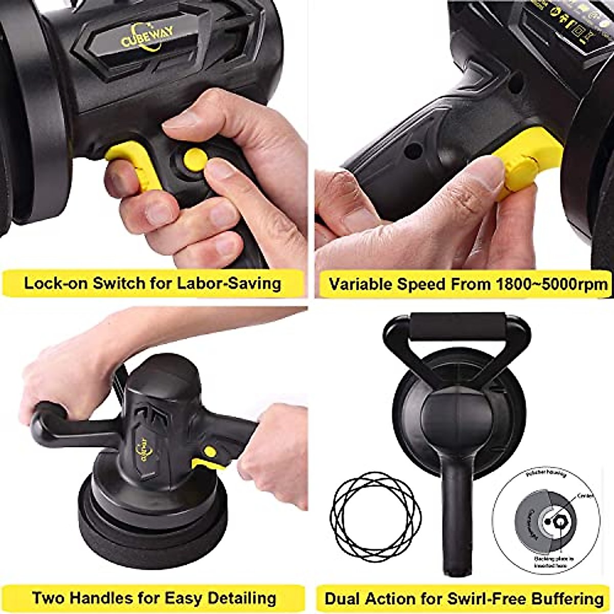 Buffer Polisher, 6-inch Electric Variable Speed Car Buffer Machine, Random Orbital Polisher Waxer Kit with 3 Pads for Car Detailing Polishing and Waxing, CUBEWAY
