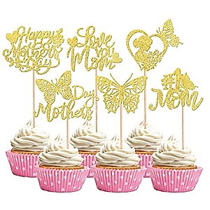 24 PCS Happy Mother's Day Cupcake Toppers Glitter Heart #1 Mom Butterfly Love You Mom Cupcake Picks for Happy Mother's Day Theme Women Birthday Party Cake Decorations Supplies Gold