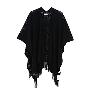 Knit Shawl Wrap for Women - Soul Young Ladies Fringe Knitted Poncho Blanket Cardigan Cape(One Size,Black)