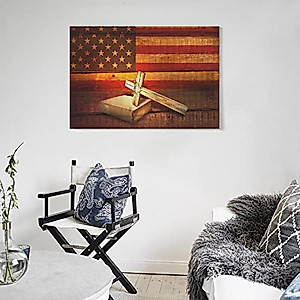 Arts Canvas Wall Art Decor Hand Painted Bible Verse American Flag Cross Holy Abstract Painting Large Art Pictures Modern Artwork for Living Room Bedroom Office Decor Framestyle1 12 X 08 inch (30 X
