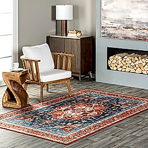 nuLOOM Hera Medallion Stain-Resistant Machine Washable Area Rug, 5x8, Blue