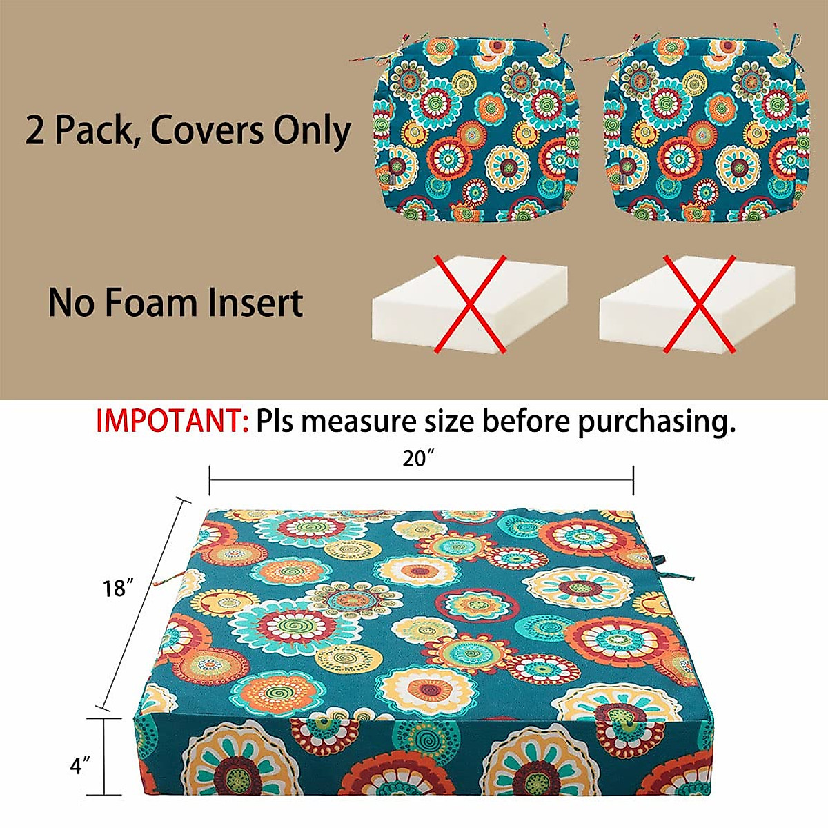 Magpie Fabrics Indoor Outdoor Cushion Cover Replacement 2 Pack, NO Insert! Water Repellent Slipcover with Ties Decor for Patio Garden Chair Sofa Bench Wicker(Heronsbill Turquoise Green, 20x18x4 Inch)