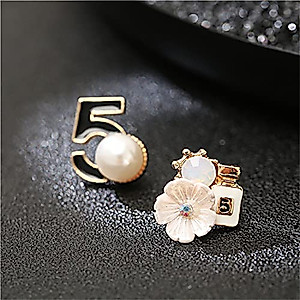 Vintage Number 5 Earrings Camellia Studs Asymmetrical Pearl Earrings Jewelry for Woman Pearl Jewellery