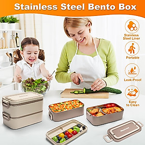 Rezicom Stainless Steel Lunch Box for Kids and Adult, Two Layer 2 L Capacity Leak-Proof Bento Box for Kids, Lunch Containers for Women School Office with Stainless Steel Soup Bowl Spoon and Fork